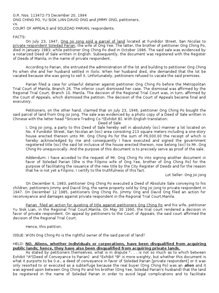 Ong Ching Po Vs CA Digest | PDF | Real Property | Conveyancing