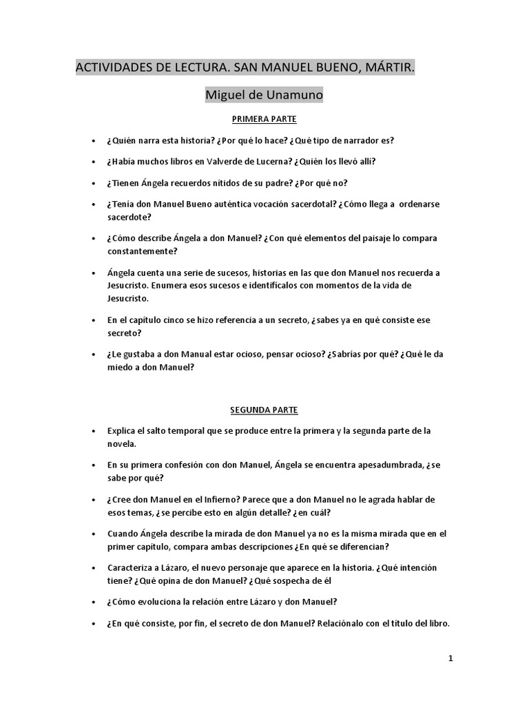 Actividades SAN MANUEL BUENO, MÁRTIR PDF | PDF | Narración | Novelas