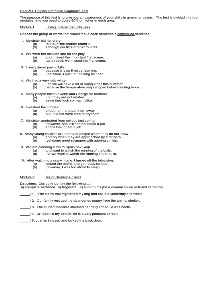 Sample English Grammar Diagnostic Test | PDF