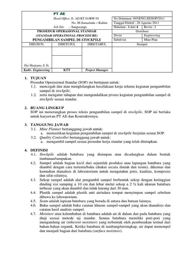 SOP Pengambilan Sample Di Stockpile | PDF