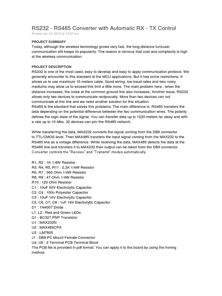 RS232 - RS485 Converter With Automatic RX - TX Control: Project Summary ...