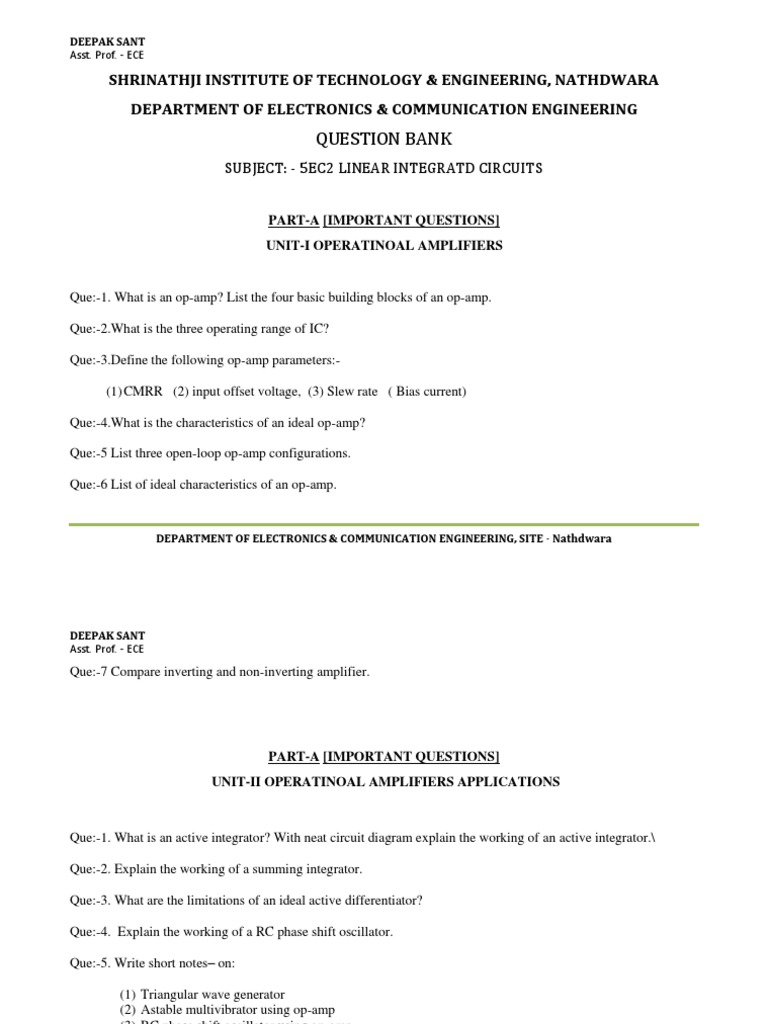 LINEAR INTEGRATED CIRCUITS Question Bank | PDF | Operational Amplifier ...