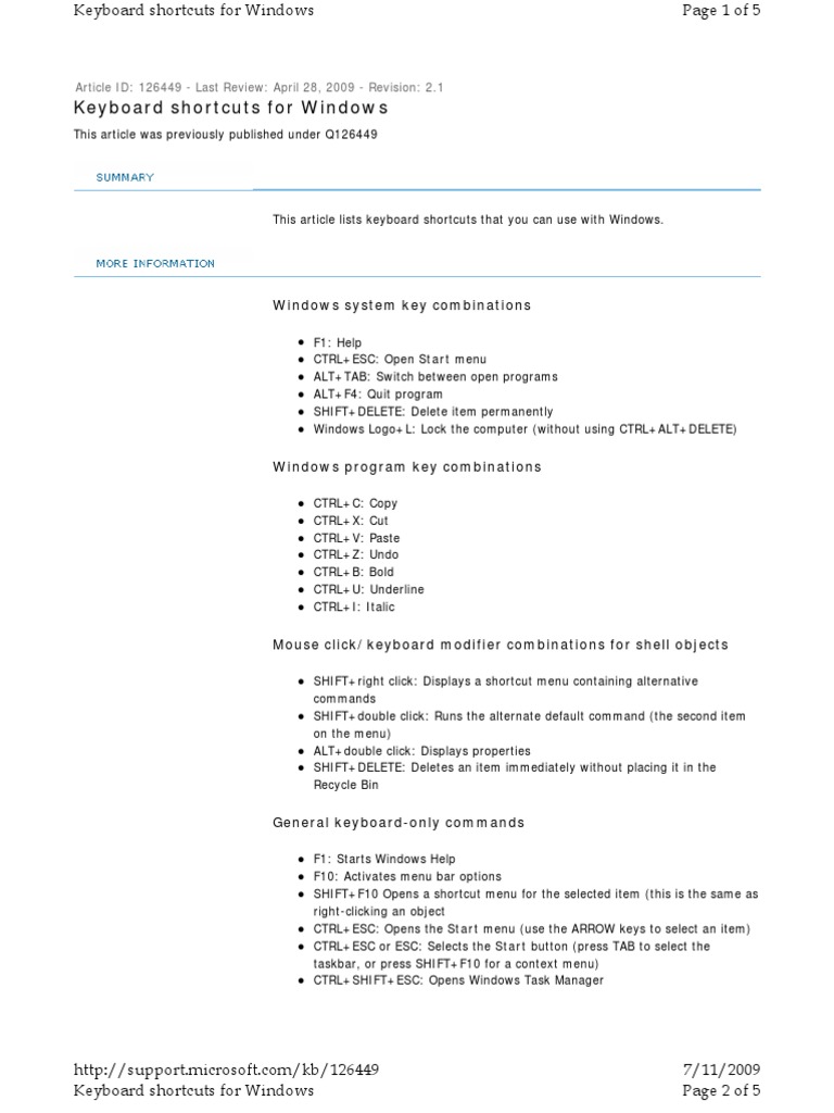 Keyboard Shortcuts For Windows | PDF