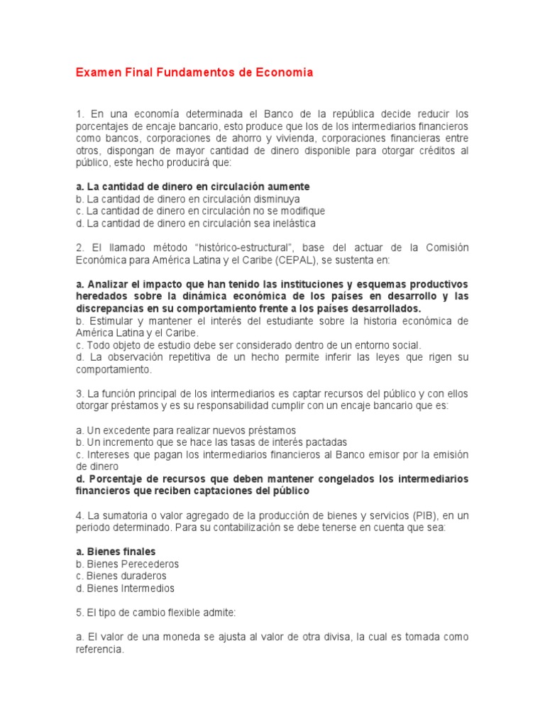 Examen Final Fundamentos de Economia | PDF | Bancos | Oferta (economía)