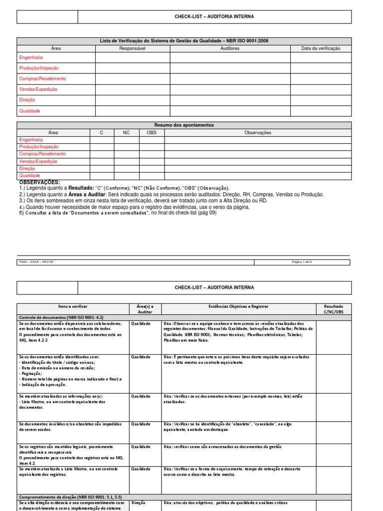 Formulário - Check-List Auditoria Interna | PDF | ISO 9000 | Auditoria ...