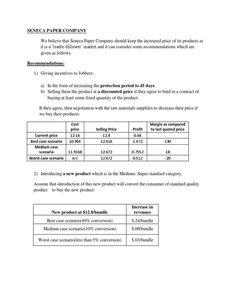 Seneca Paper Pricing Strategy Recommendations | PDF | Prices | Profit ...