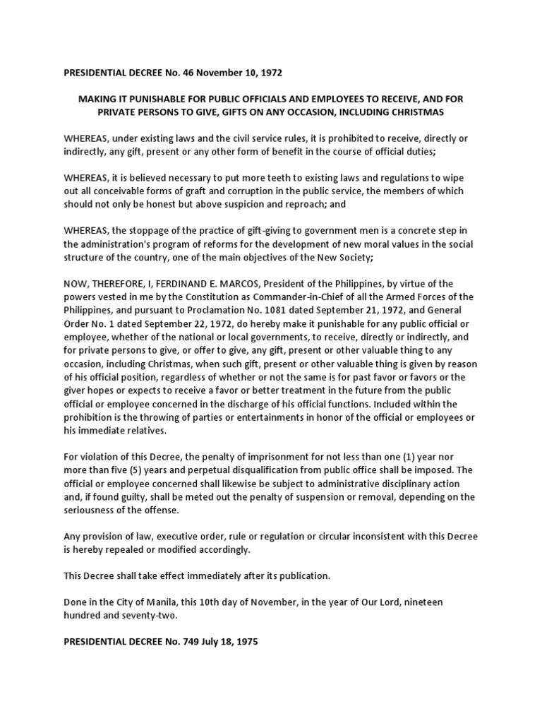 PD 46 and PD 749 | PDF | Bribery | Corruption