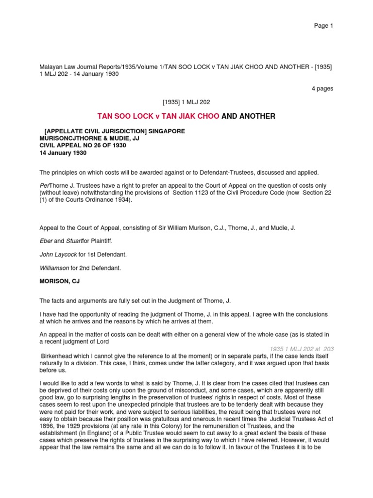 Tan Soo Lock V Tan Jiak Choo and Another - ( | PDF | Costs In English ...