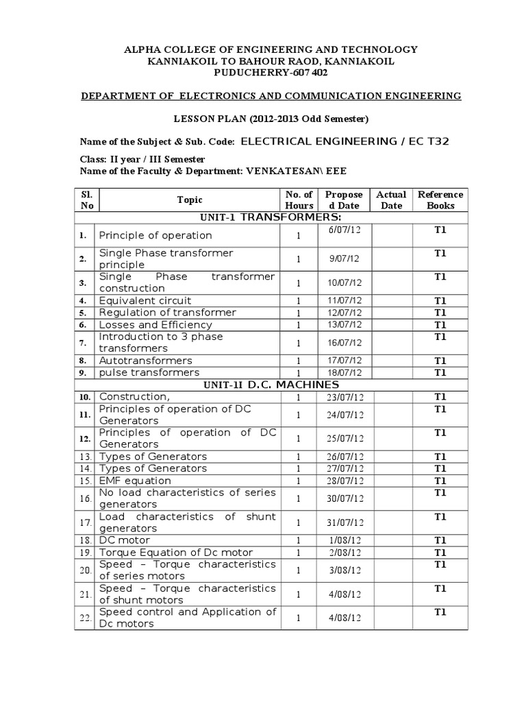 Lesson Plan ECE | Download Free PDF | Transformer | Electrical Equipment
