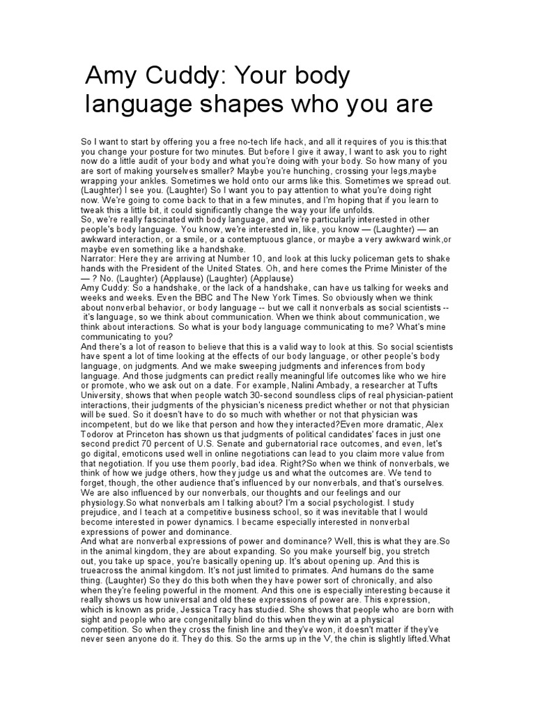Your Body Language Shapes Who You Are | PDF | Body Language | Nonverbal ...