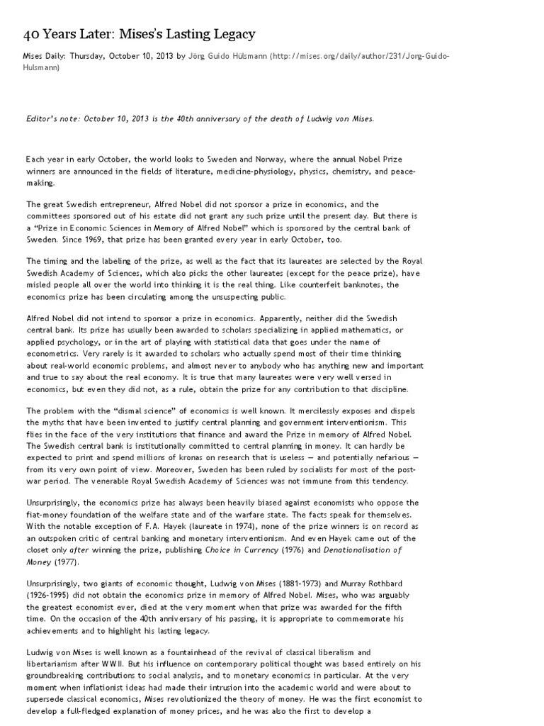 40 Years Later: Mises's Lasting Legacy - Mises Daily | PDF | Classical ...