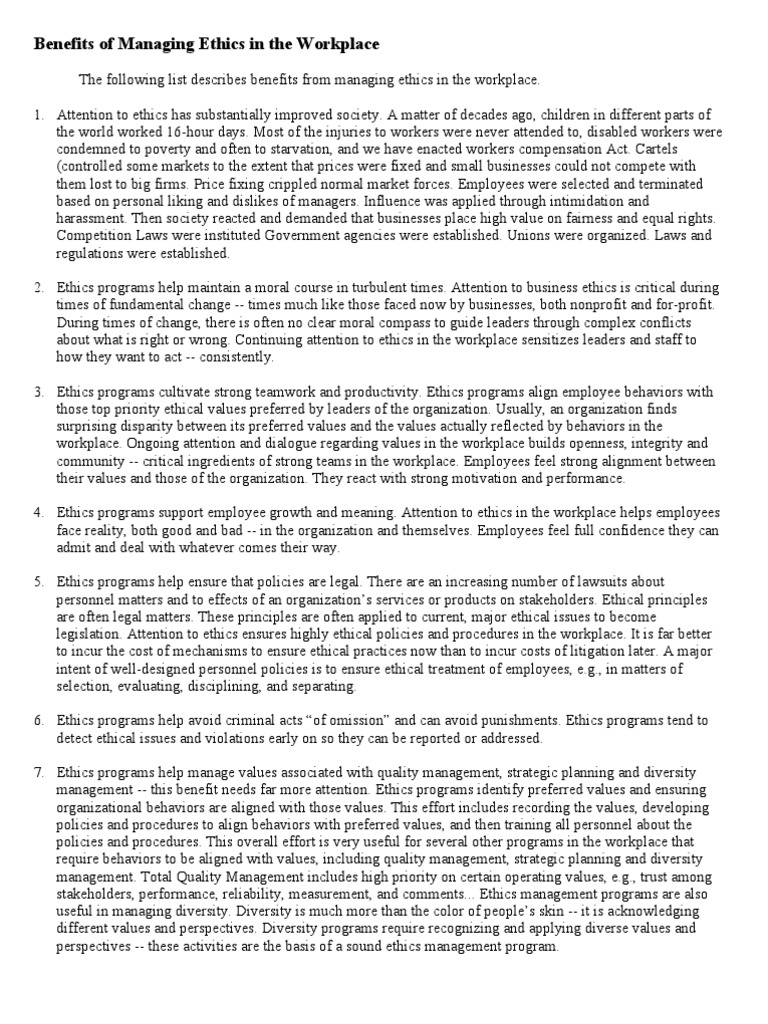 Benefits of Managing Ethics in The Workplace | PDF | Value (Ethics ... Benefits of Managing Ethics in The Workplace | PDF | Value (Ethics ...