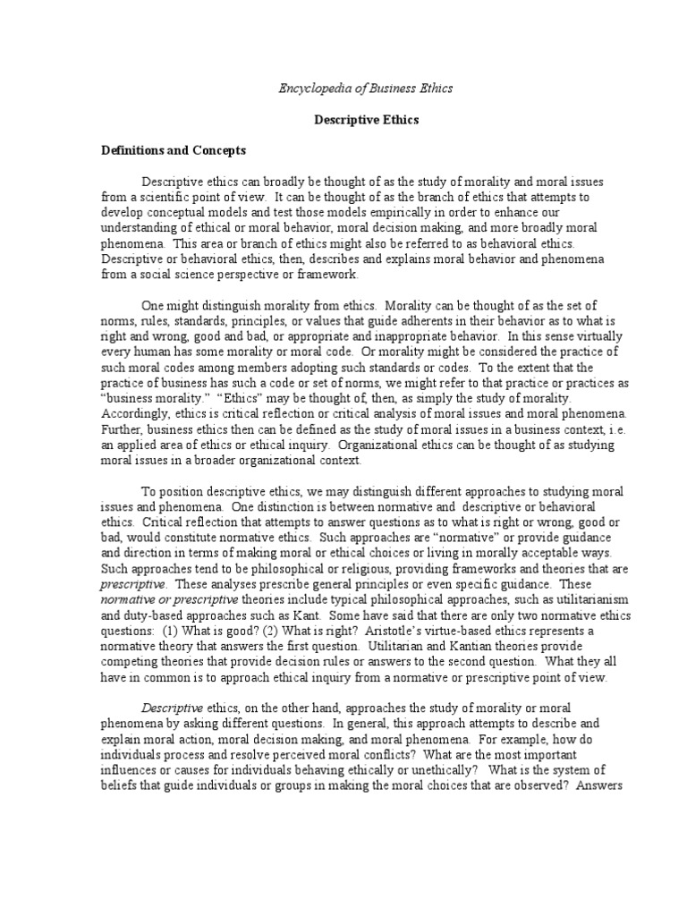 Descriptive Ethics - Encyclopedia of Business Ethics | PDF | Morality ...