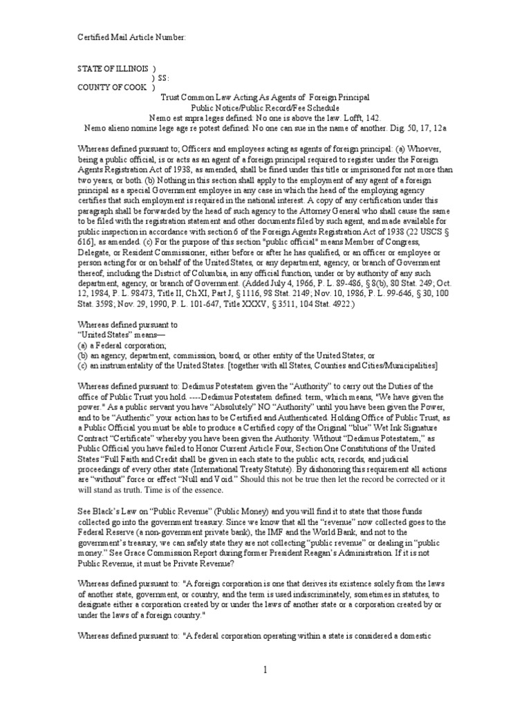 Trust Common Law Acting As Agents of Foreign Principal Public Notice ...