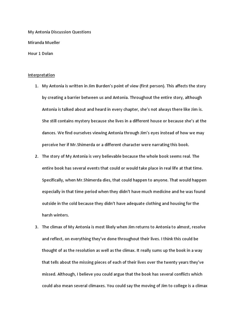My Antonia Discussion Questions | PDF | Mystery, Thriller & Crime ...