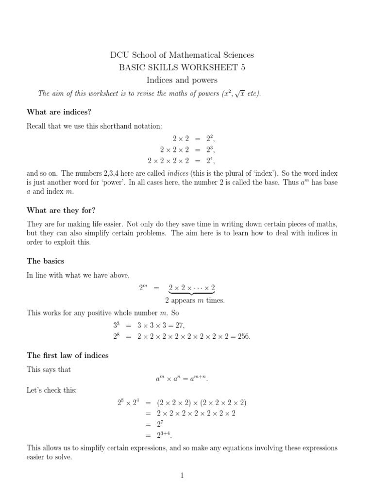 DCU School of Mathematical Sciences Basic Skills Worksheet 5 Indices ...