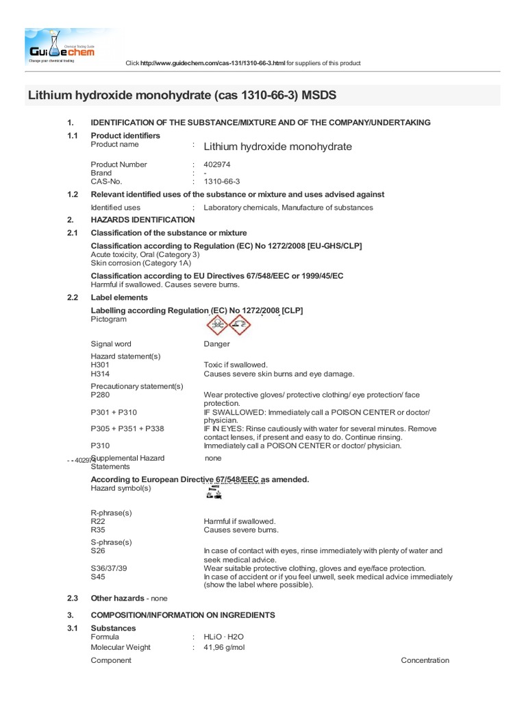 Lithium Hydroxide Monohydrate | PDF | Personal Protective Equipment ...