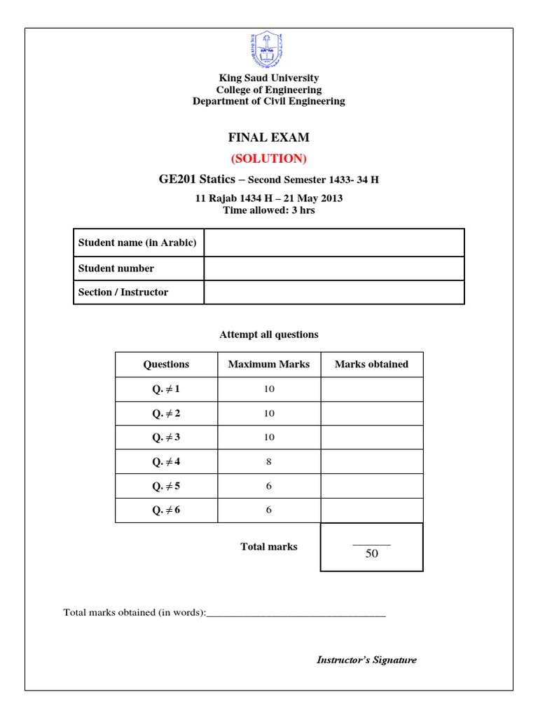 GE201 Statics Final Exam Solutions | PDF | Friction | Civil Engineering