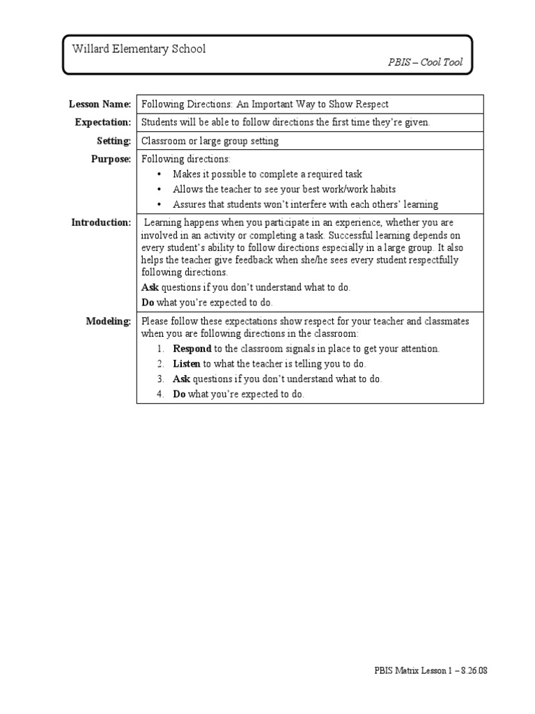 Following Directions: PBIS Lesson Plan | PDF | Classroom | Teachers