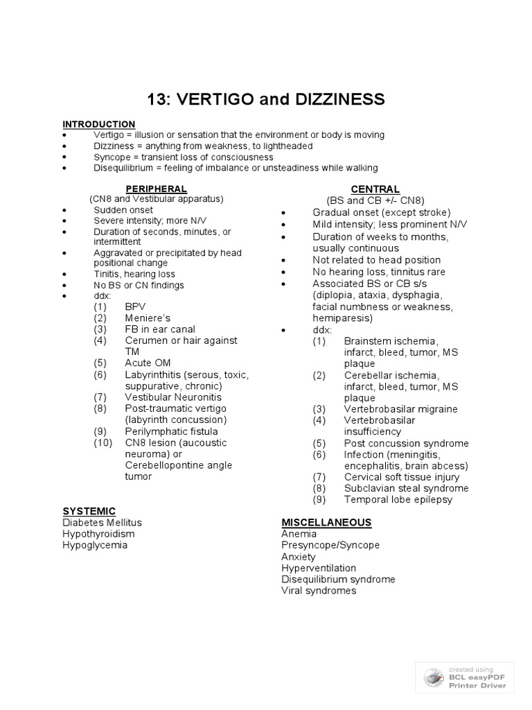 13 - Dizziness and Vertigo | PDF | Vertigo | Vestibular System