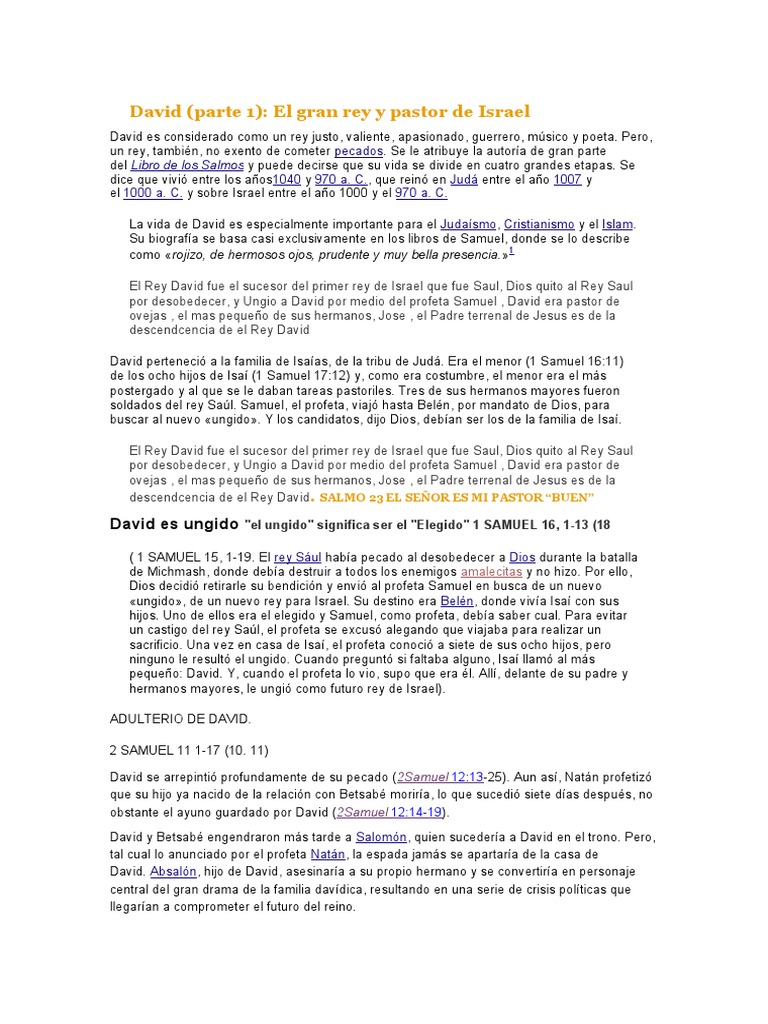 La vida y obra de David, el gran rey y pastor de Israel | PDF | David ...