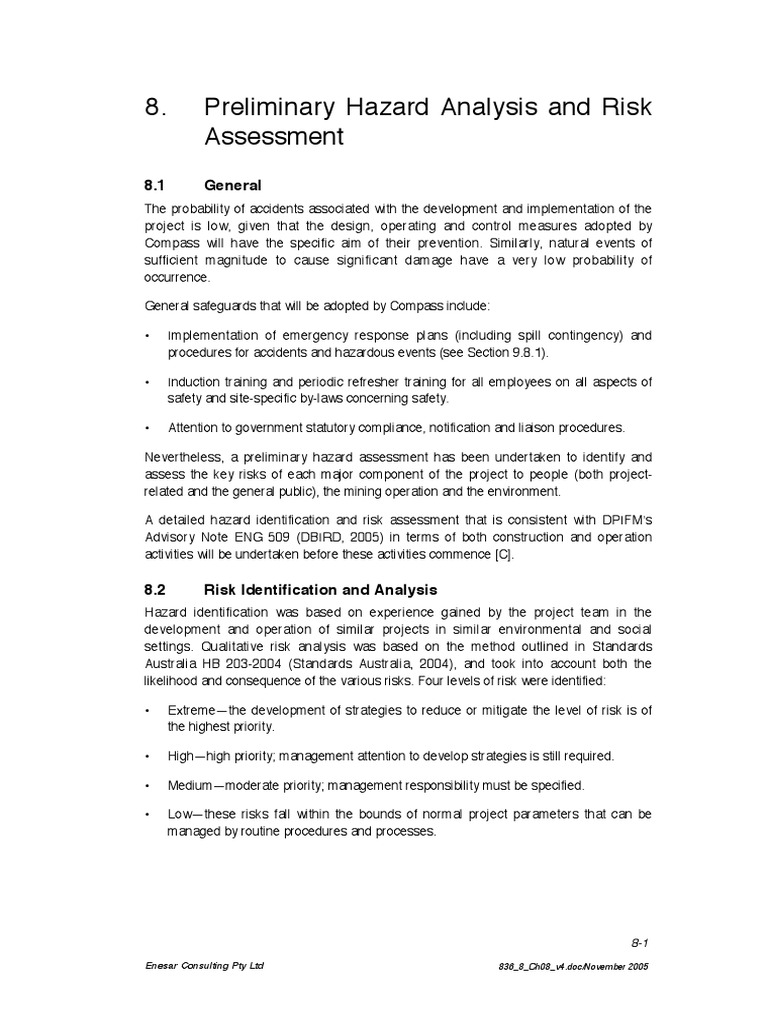 Preliminary Hazard Analysis and Risk Assessment: 8.1 General | PDF ...