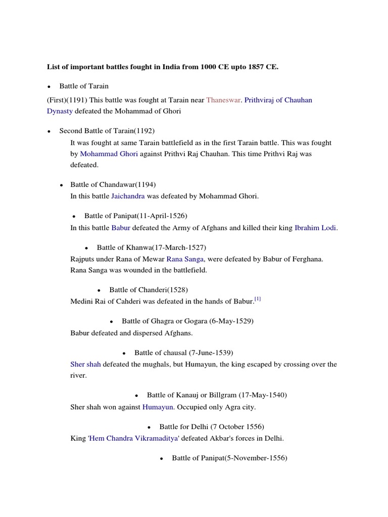 List of Important Battles Fought in India From 1000 CE Upto 1857 CE ...
