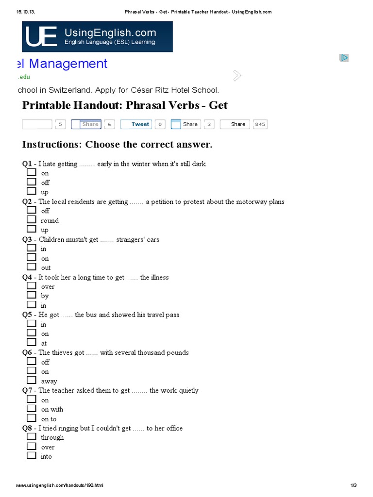 Phrasal Verbs - Get - Printable Teacher Handout - UsingEnglish | PDF ...