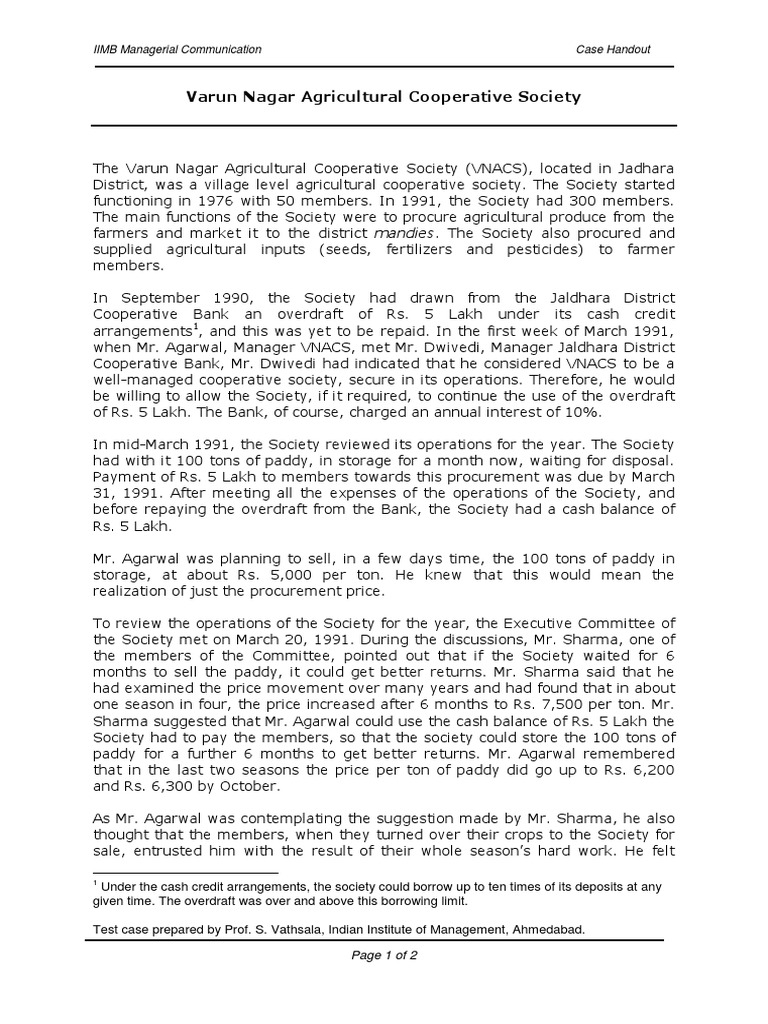 02 Varun Nagar - Case Handout | PDF | Overdraft | Cooperative