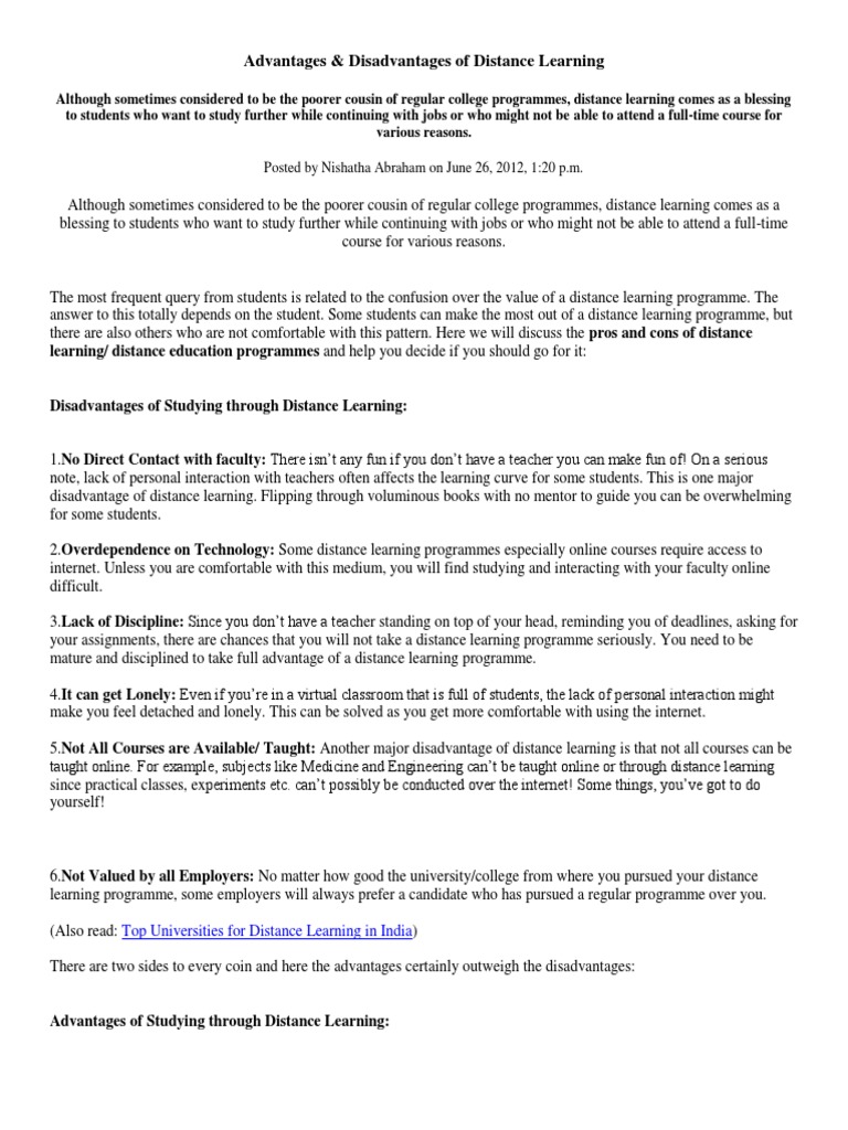 Advantages and Disadvantages of Distance Learning | Download Free PDF ...