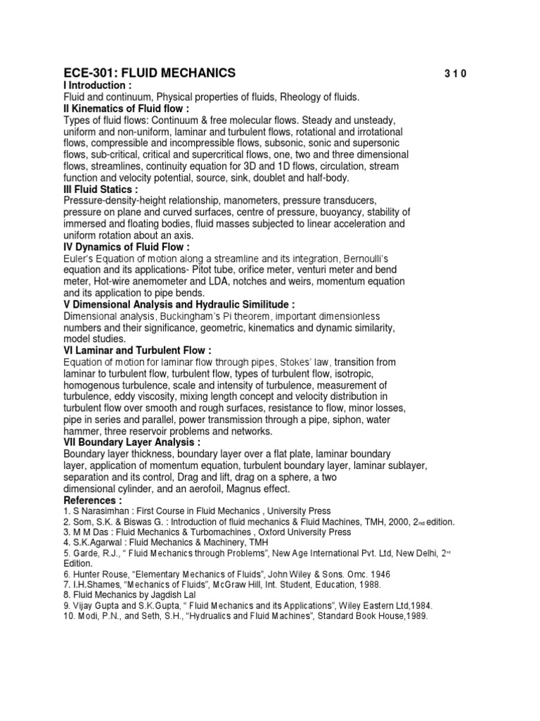 Ece-301: Fluid Mechanics: 3 1 0 II Kinematics of Fluid Flow | PDF | Fluid Dynamics | Turbulence