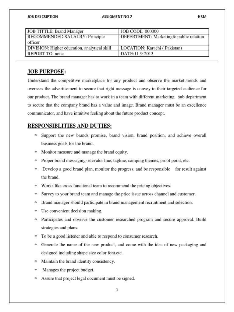 Job Description Brand Manager HRM | PDF | Brand | Employment