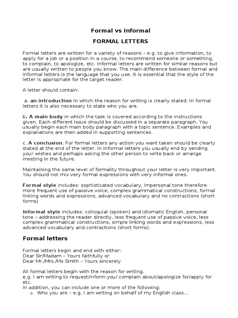 Formal Vs Informal Letters - Useful Language For Formal Letters | PDF ...