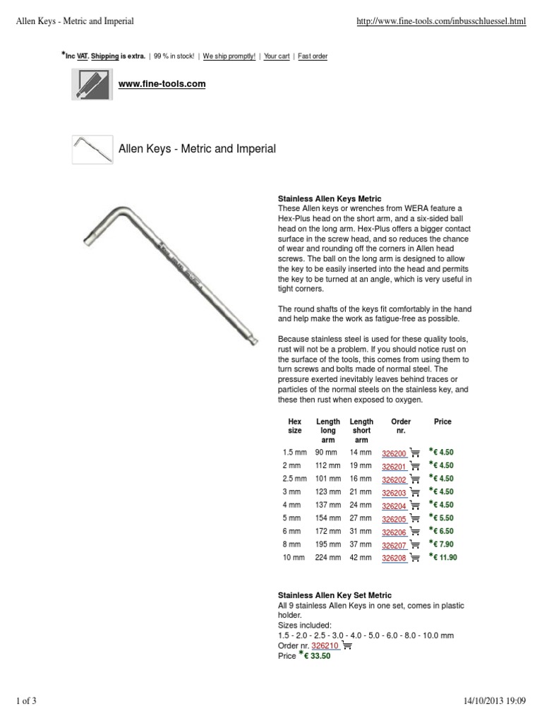 Metric vs Imperial Allen Key Sizes | PDF | Screw | Tools