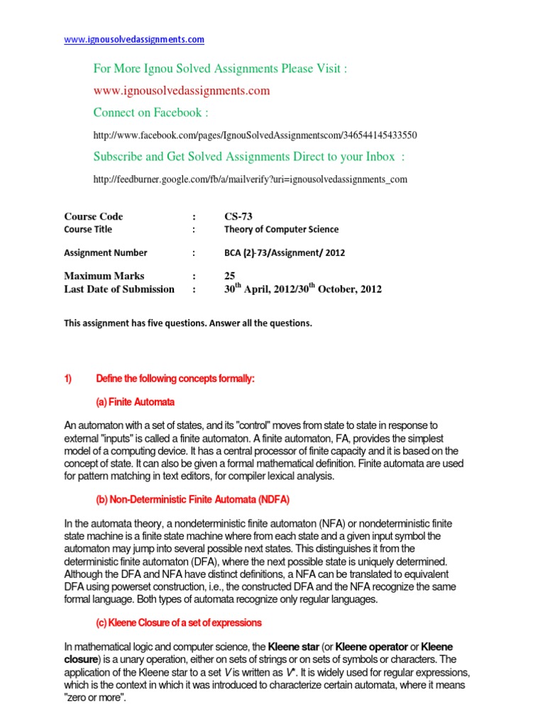 CS-73 Solved Assignment 2012 | Download Free PDF | Regular Expression | Formal Methods