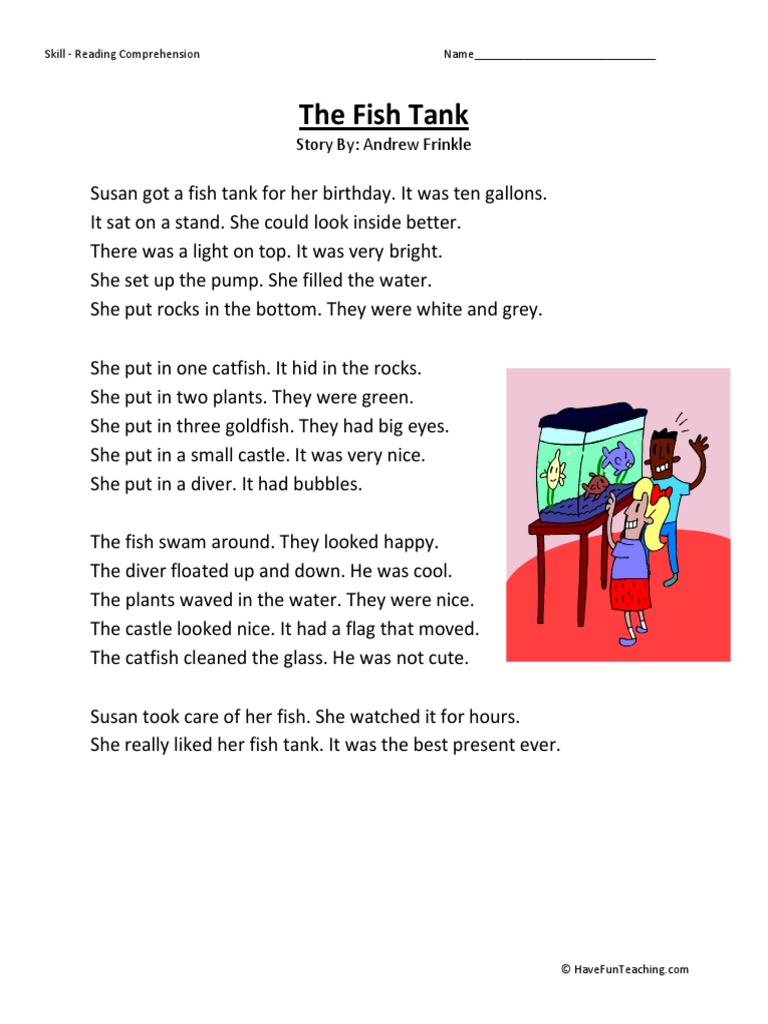 Fish Tank Second Grade Reading Comprehension Worksheet | PDF