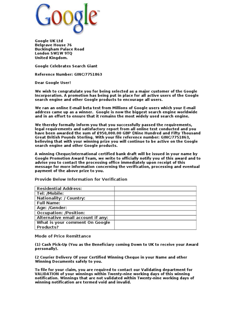 Google Prize Scam: Bogus Letter Attempts to Defraud Recipient of Non ...