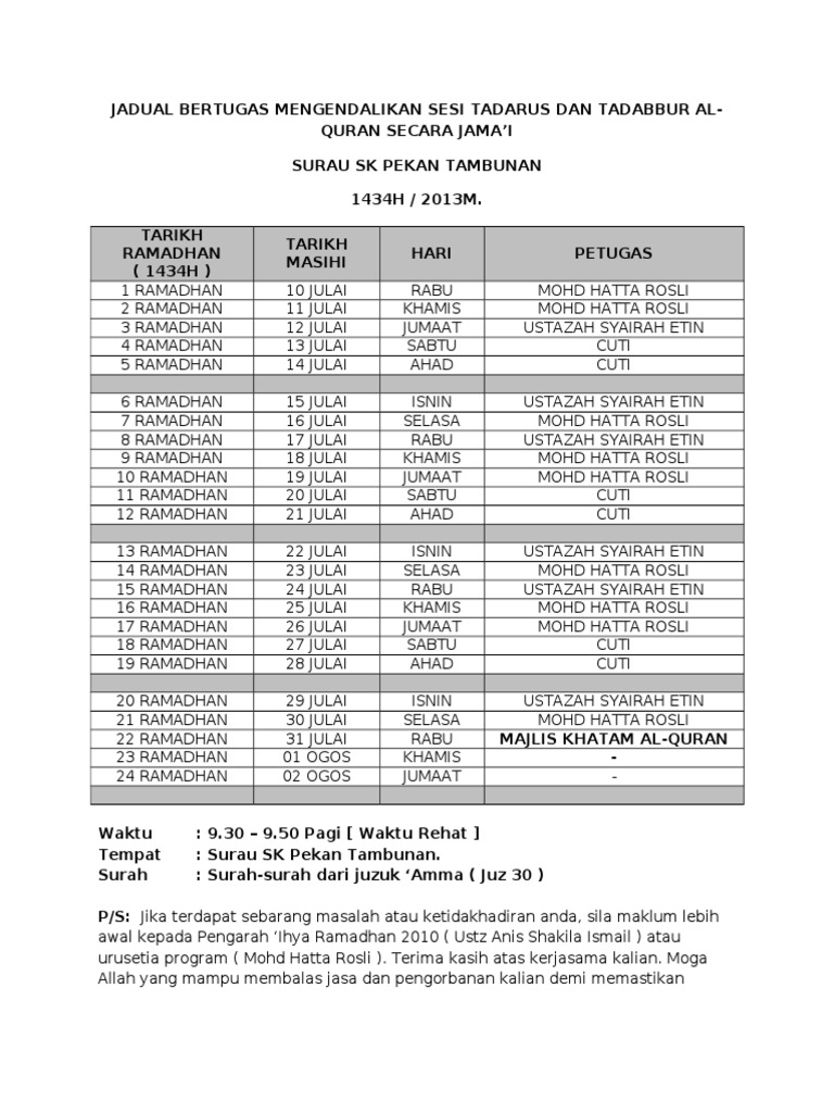 Jadual Bertugas Mengendalikan Sesi Tadarus Dan Tadabbur Al | PDF
