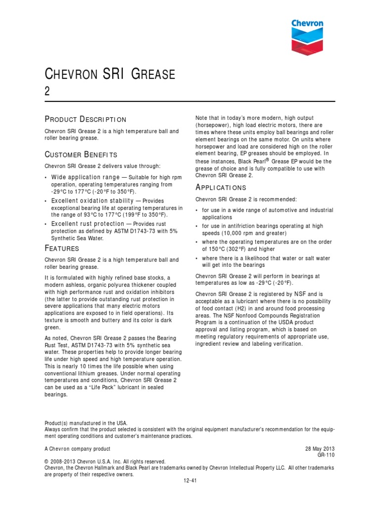 Chevron SRI NLGI-2 Grease | PDF | Bearing (Mechanical) | Viscosity