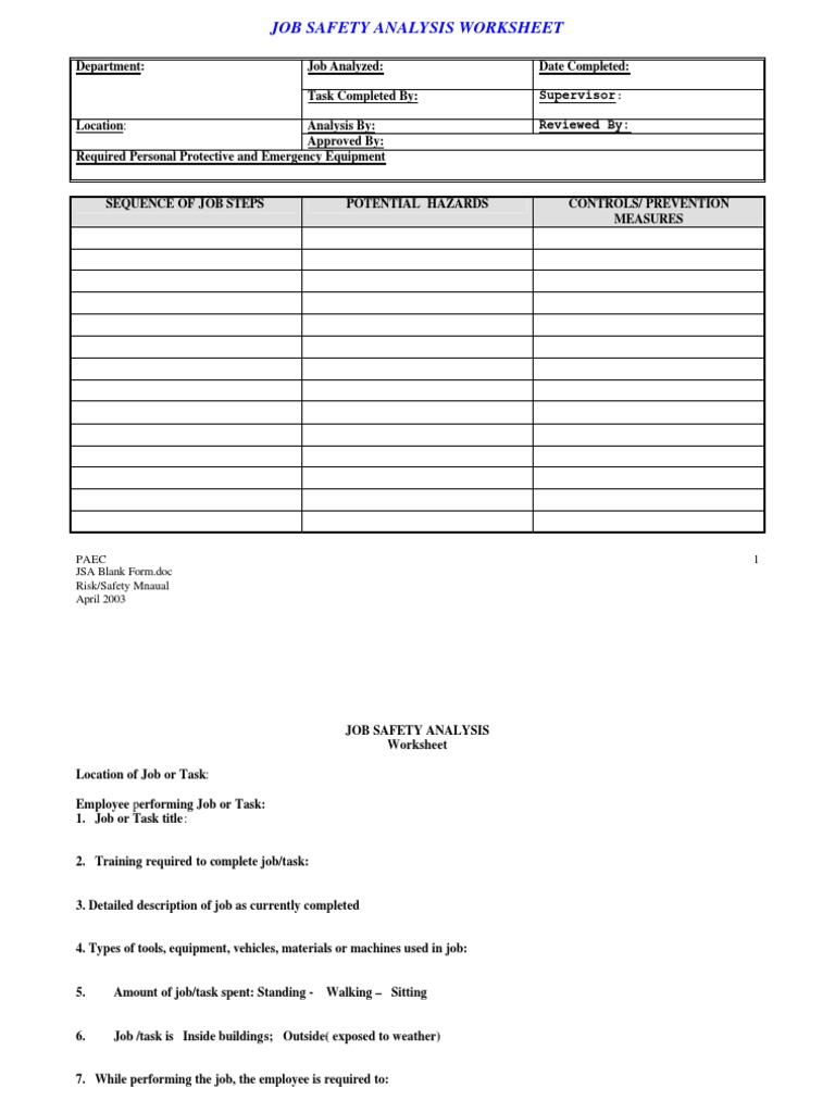 JSA Blank Form | PDF | Safety | Nature