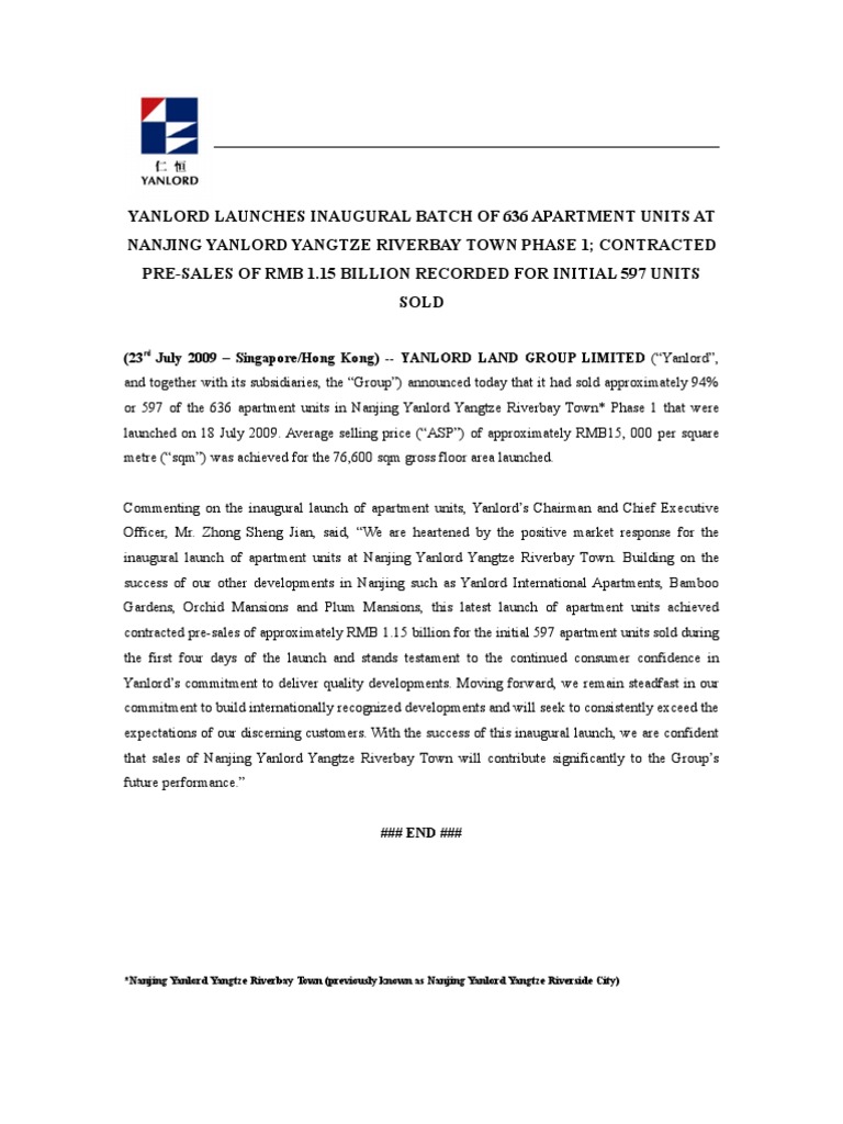 Yanlord Nanjing Yanlord Land Yangtze Riverbay Town Pre-Sales | PDF ...