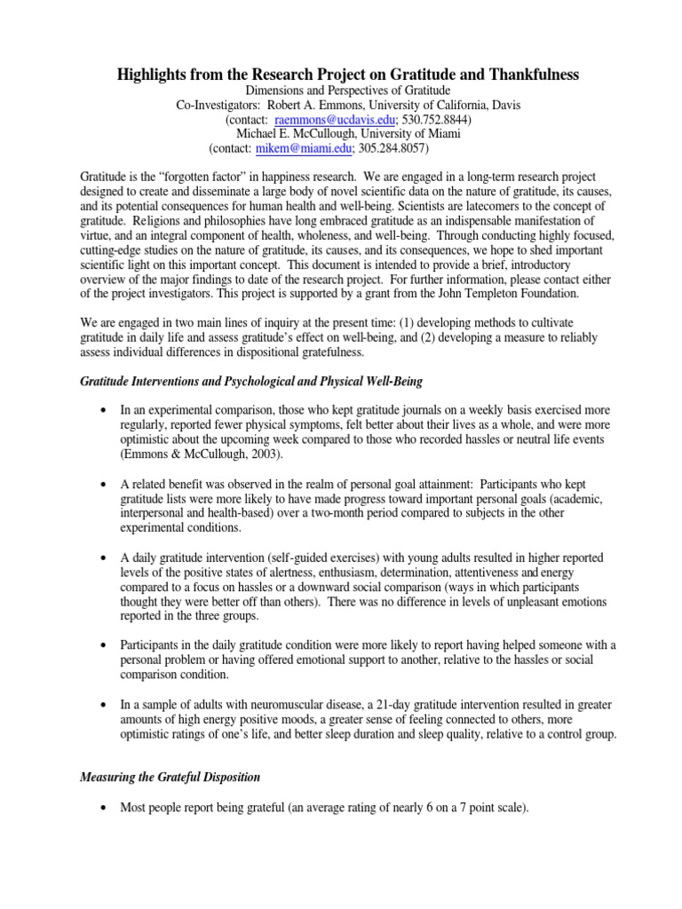 Highlights From The Research Project On Gratitude and Thankfulness ...