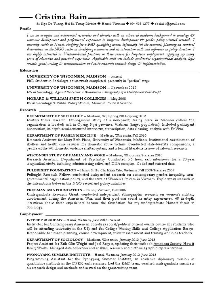 CV Bain | PDF | University Of Wisconsin–Madison | Sociology