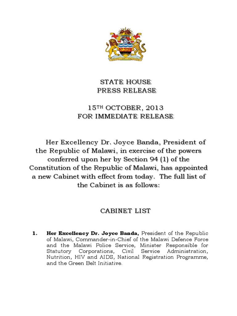 Malawi Government Cabinet List | PDF | Malawi | Government