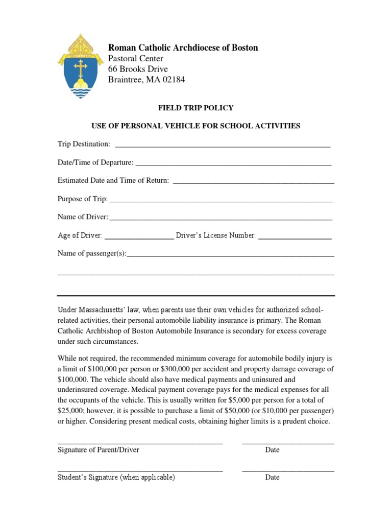Boston Archdiocese Field Trip Vehicle Policy | PDF
