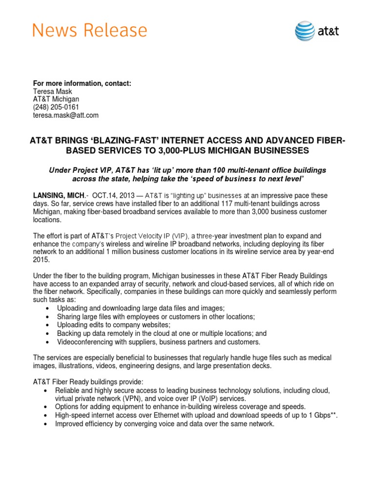 At&t Brings Blazing-Fast' Internet Access and Advanced Fiber-Based ...