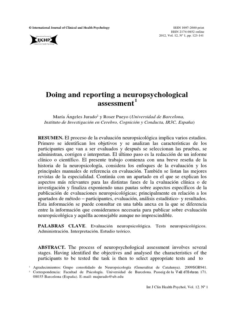 Doing and Reporting a Neuropsychological Assessment | Caso de estudio ...