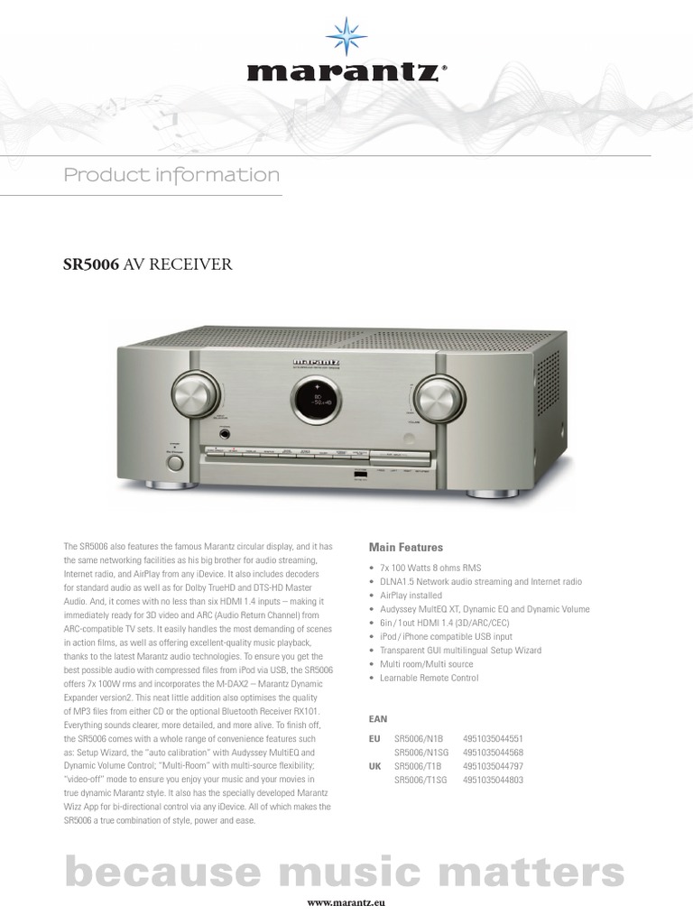 Marantz SR5006 AV Receiver PDF | PDF | Hdmi | Loudspeaker
