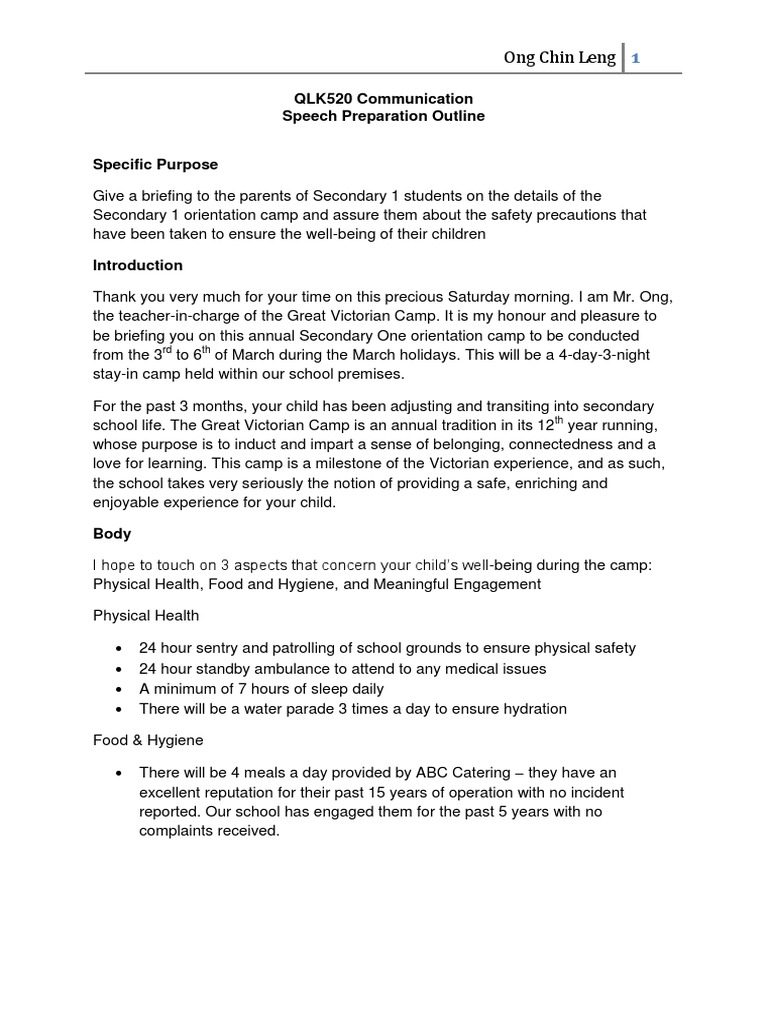 QLK520 Communication - Speech Prep Outline | PDF | Secondary School ...