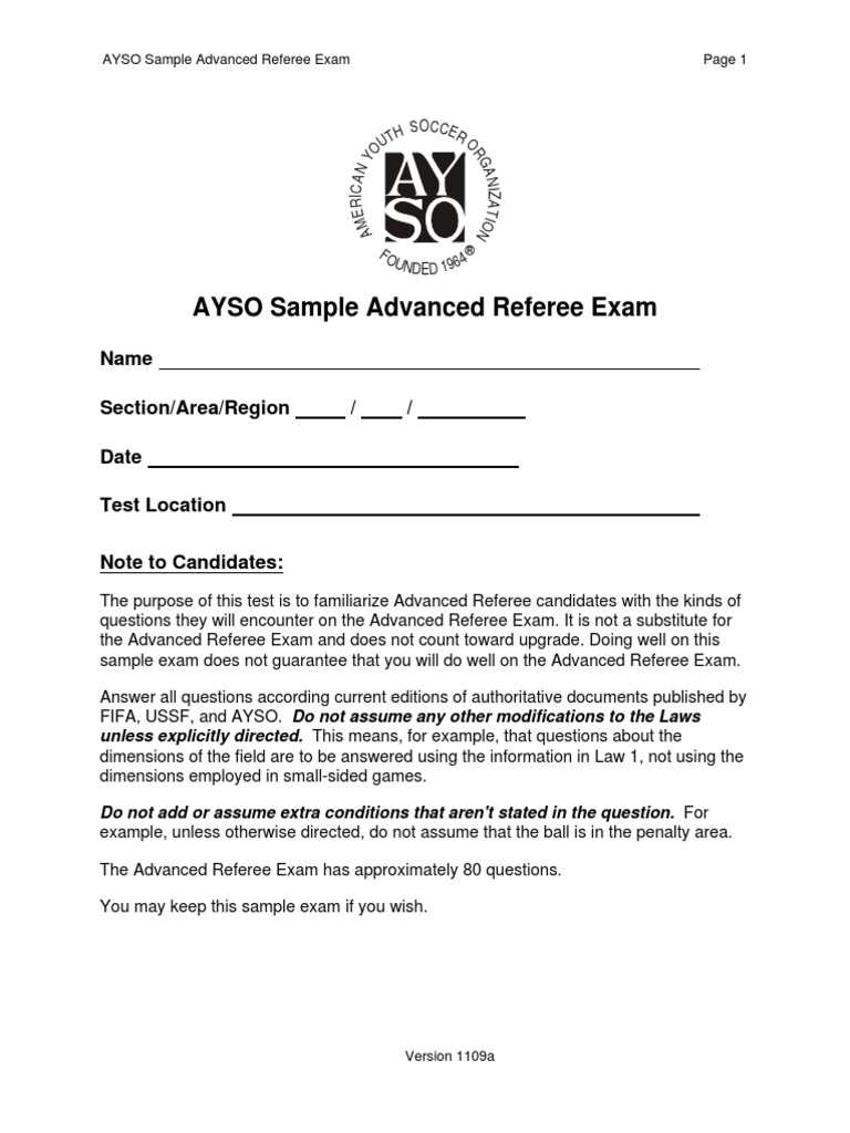 AYSO Sample Advanced Referee Exam | PDF | Association Football | Athletic Sports